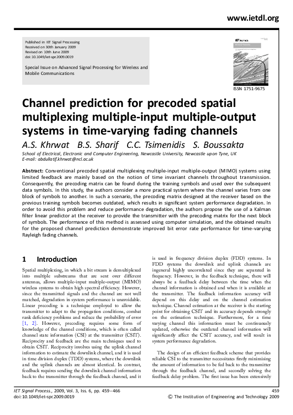 Channel prediction for precoded spatial multiplexing multiple-input multiple-output systems in ...