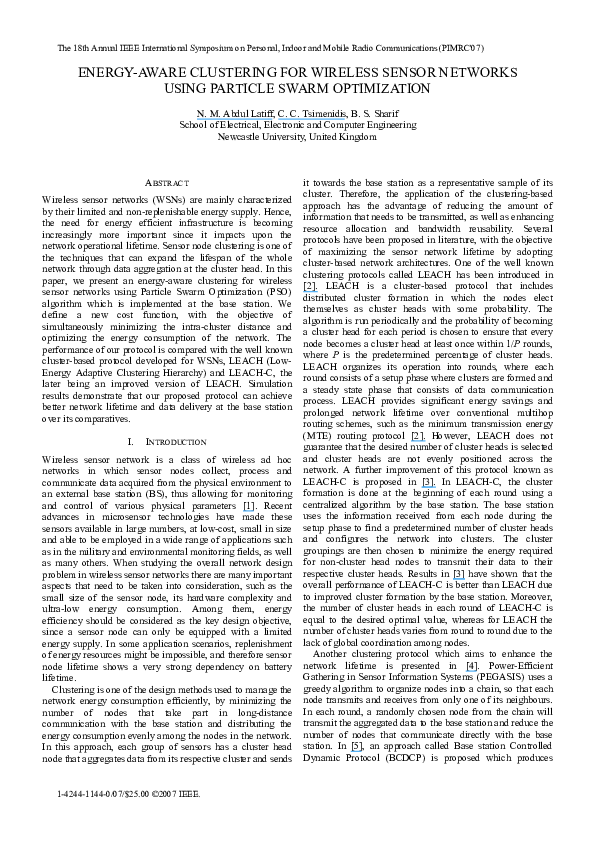 Pdf Energy Aware Clustering For Wireless Sensor Networks Using Particle Swarm Optimization 
