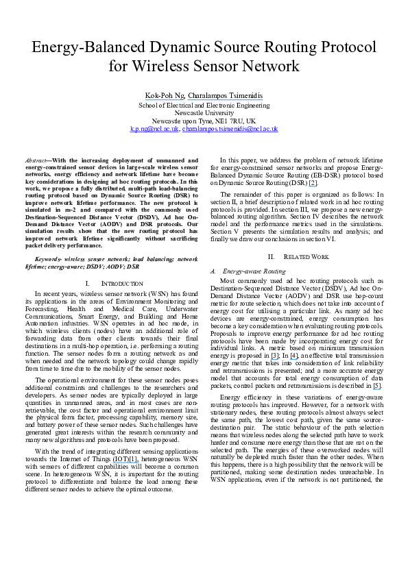Pdf Energy Balanced Dynamic Source Routing Protocol For Wireless Sensor Network Charalampos