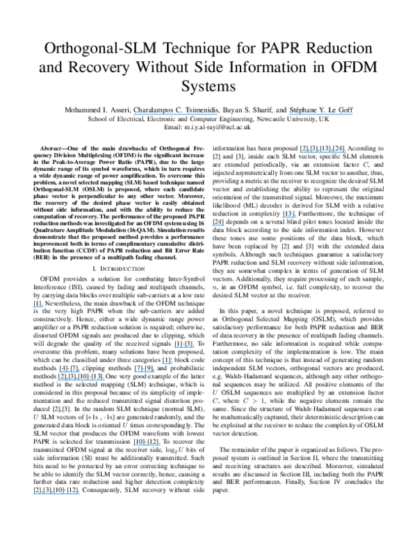 Pdf Orthogonal Slm Technique For Papr Reduction And Recovery Without Side Information In Ofdm