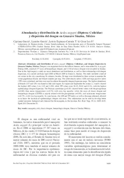 (PDF) Abundance and distribution of Aedes aegypti (Diptera: Culicidae), and dengue dispersion in ...