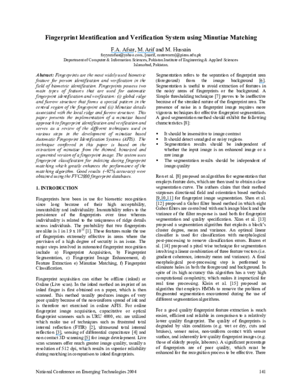 Pdf Fingerprint Identification And Verification System Using Minutiae Matching