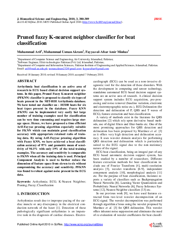 Pdf Pruned Fuzzy K Nearest Neighbor Classifier For Beat Classification