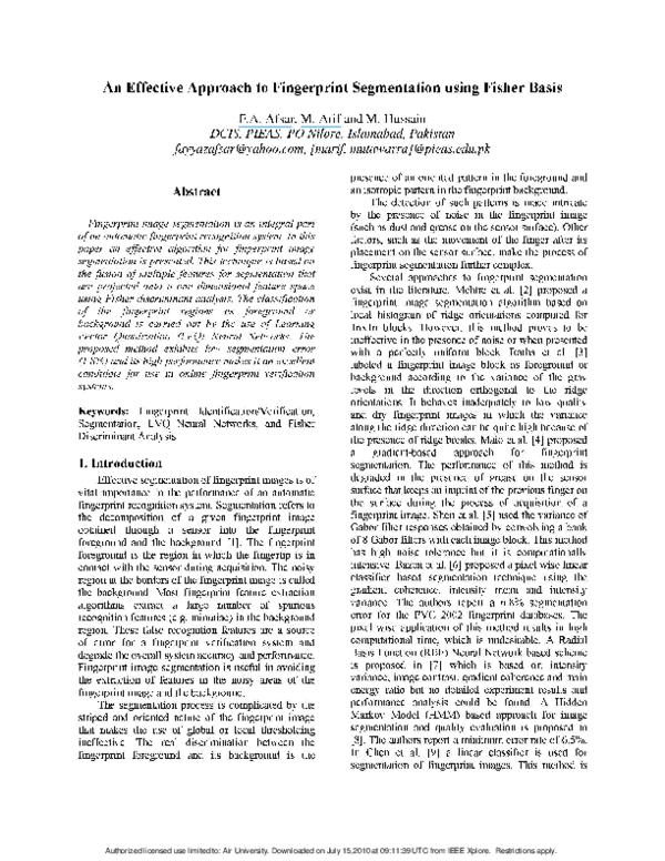 (PDF) An Effective Approach to Fingerprint Segmentation using Fisher Basis