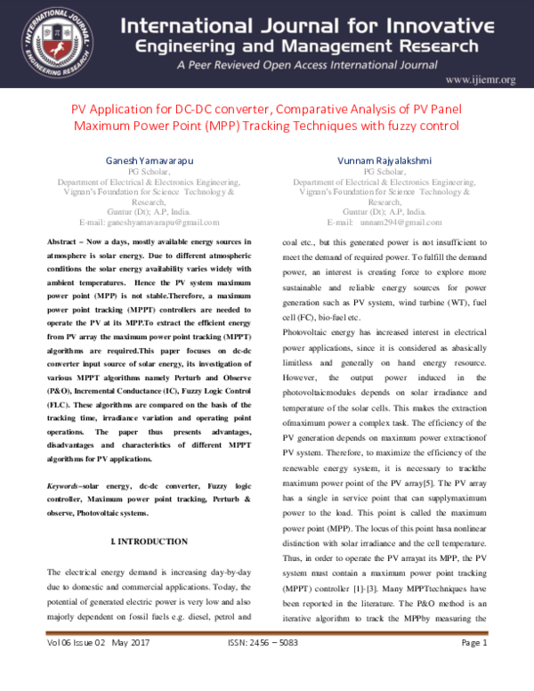 (PDF) PV Application for DC-DC converter, Comparative Analysis of PV Panel Maximum Power Point ...