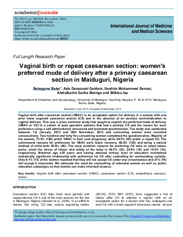 Pdf Repeat Caesarean Section Or Vaginal Delivery Preference Of Women