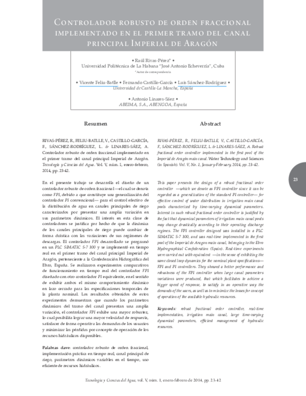 Pdf Robust Fractional Order Controller Implemented On A Laboratory Hydraulic Canal