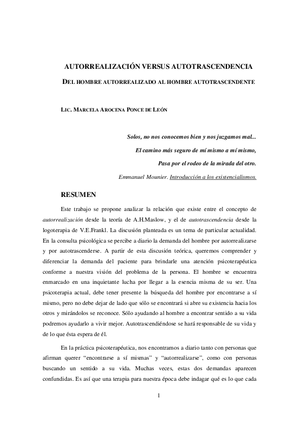 (PDF) AUTORREALIZACIÓN VERSUS AUTOTRASCENDENCIA DEL HOMBRE ...