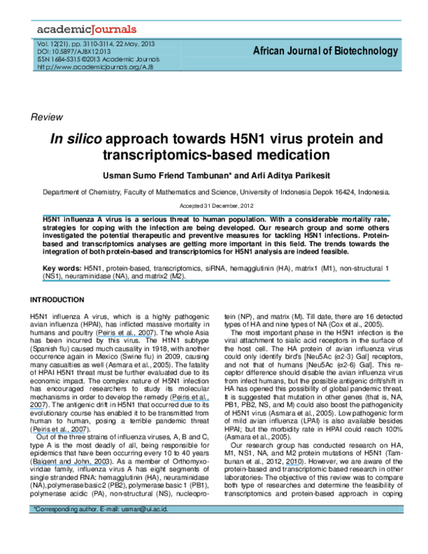 (PDF) In silico approach towards H5N1 virus protein and transcriptomics-based medication