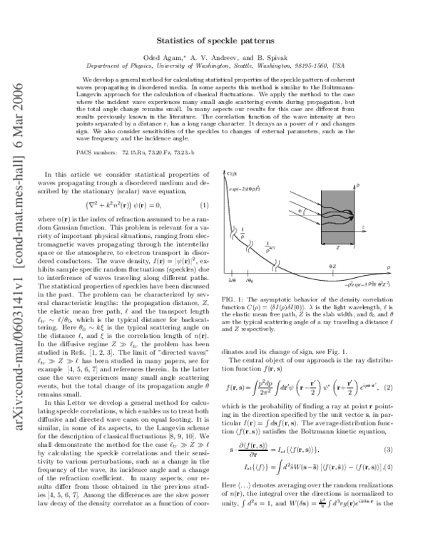 (PDF) Statistics of speckle patterns