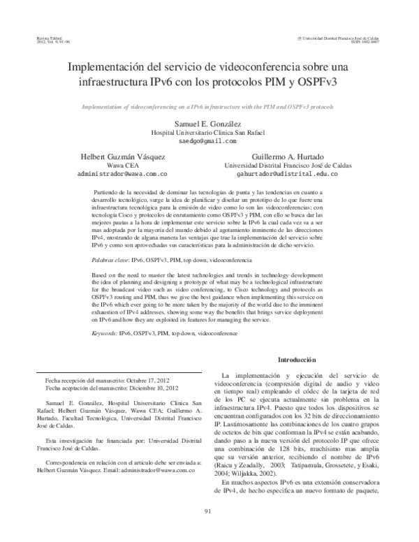 (PDF) Implementation of videoconferencing on a IPv6 infrastructure with the PIM and OSPFv3 protocols