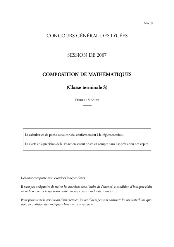 (PDF) CONCOURS GÉNÉRAL DES LYCÉES COMPOSITION DE MATHÉMATIQUES (Classe ...