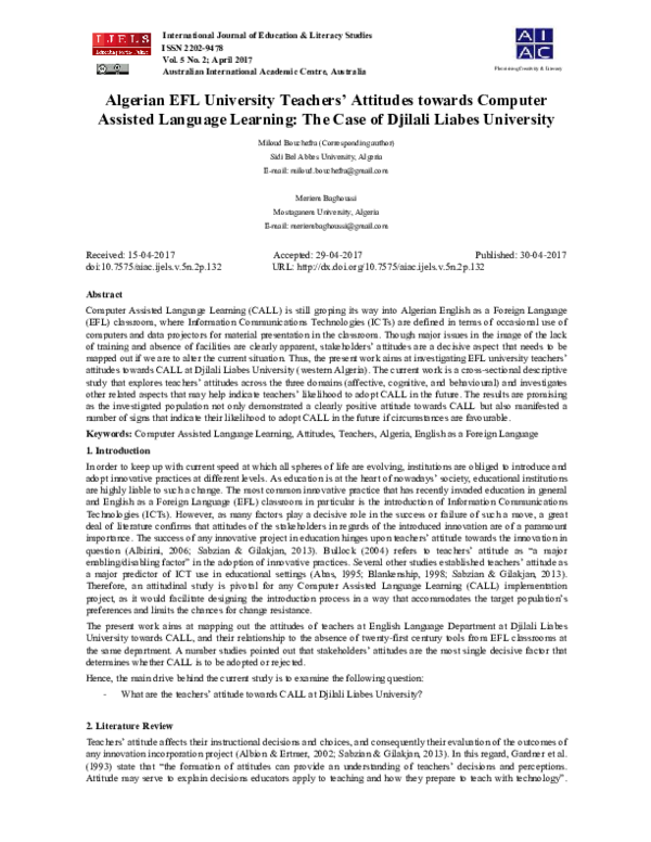 (PDF) Algerian EFL University Teachers’ Attitudes towards Computer Assisted Language Learning ...