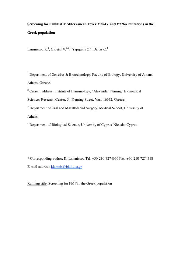 (PDF) Screening for Familial Mediterranean Fever M694V and V726A ...