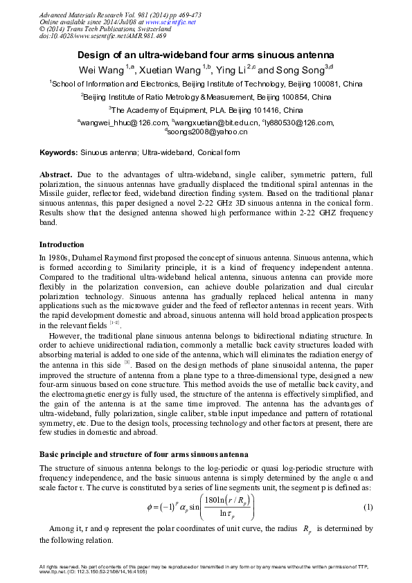 (PDF) Design of an ultra wideband four arms sinuous antenna