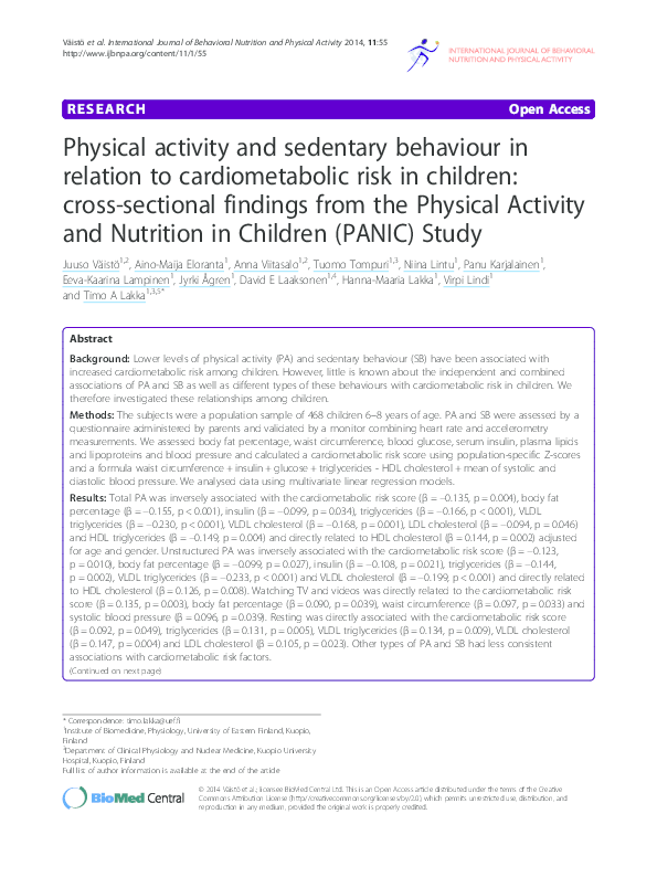 (PDF) Physical activity and sedentary behaviour in relation to cardiometabolic risk in children ...