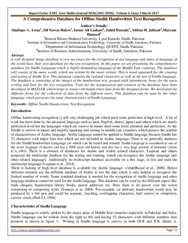Pdf A Comprehensive Database For Offline Sindhi Handwritten Text Recognition