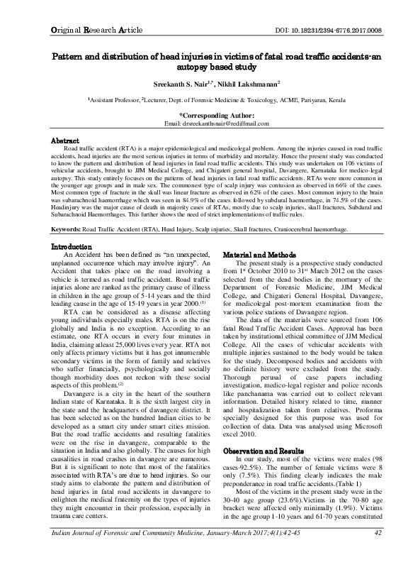 Pdf Pattern And Distribution Of Head Injuries In Victims Of Fatal Road Traffic Accidents An