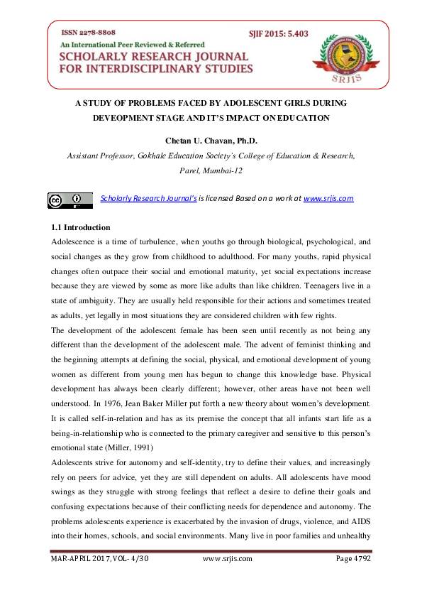 (PDF) A STUDY OF PROBLEMS FACED BY ADOLESCENT GIRLS DURING DEVEOPMENT ...