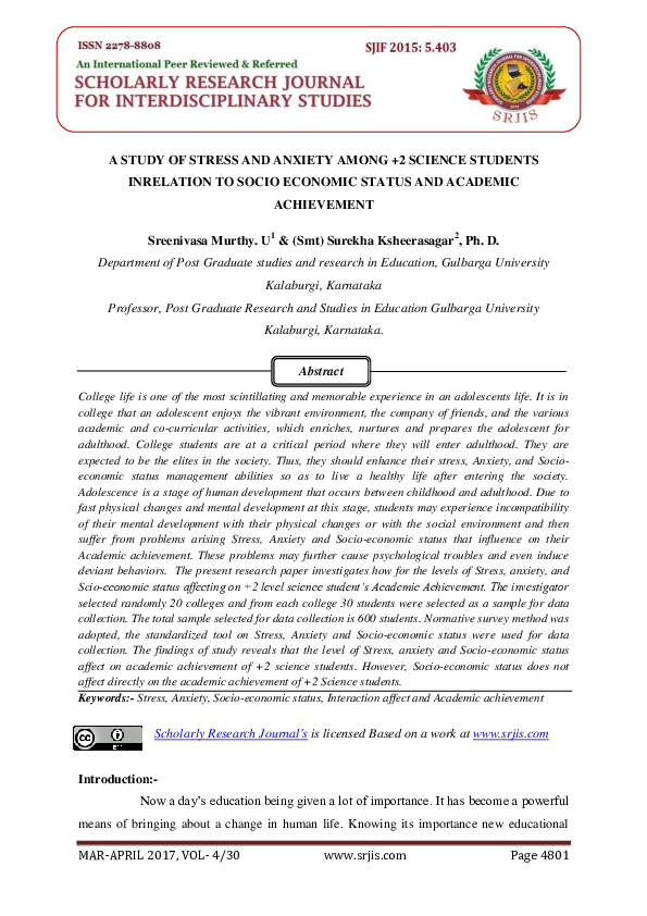 (PDF) A STUDY OF STRESS AND ANXIETY AMONG +2 SCIENCE STUDENTS ...