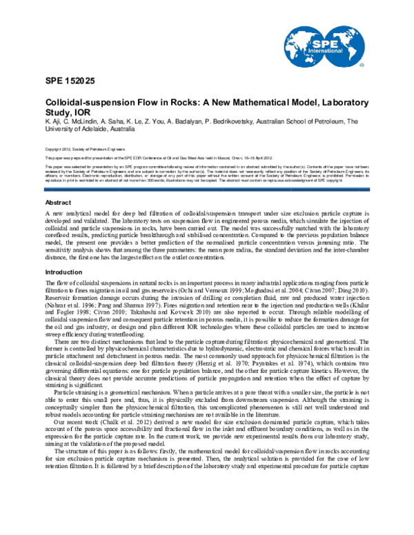 (PDF) Colloidal-suspension Flow in Rocks: A New Mathematical Model, Laboratory Study, IOR ...