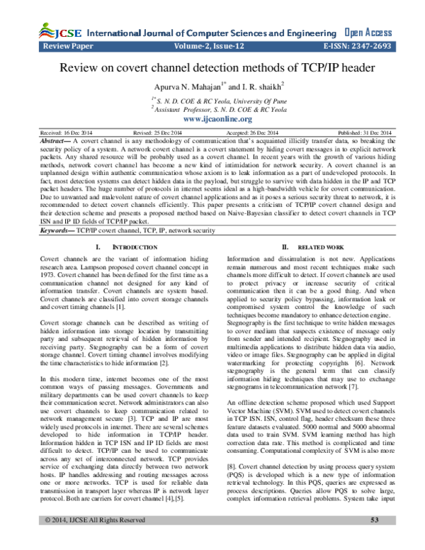 (PDF) Review on covert channel detection methods of TCP/IP header