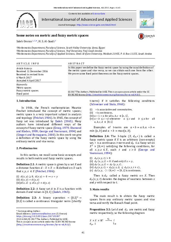 Pdf Some Notes On Metric And Fuzzy Metric Spaces
