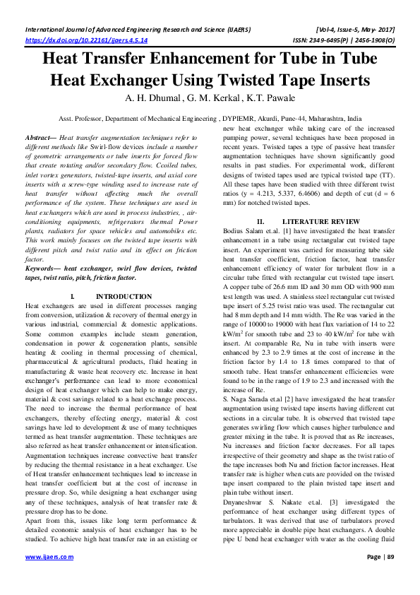 (PDF) Heat Transfer Enhancement for Tube in Tube Heat Exchanger Using ...