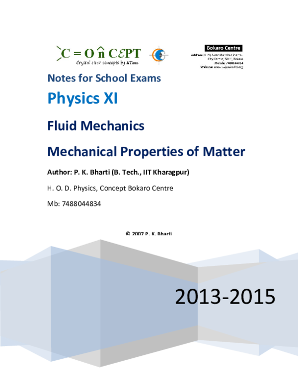 (PDF) Notes for School Exams Physics XI Fluid Mechanics Mechanical ...