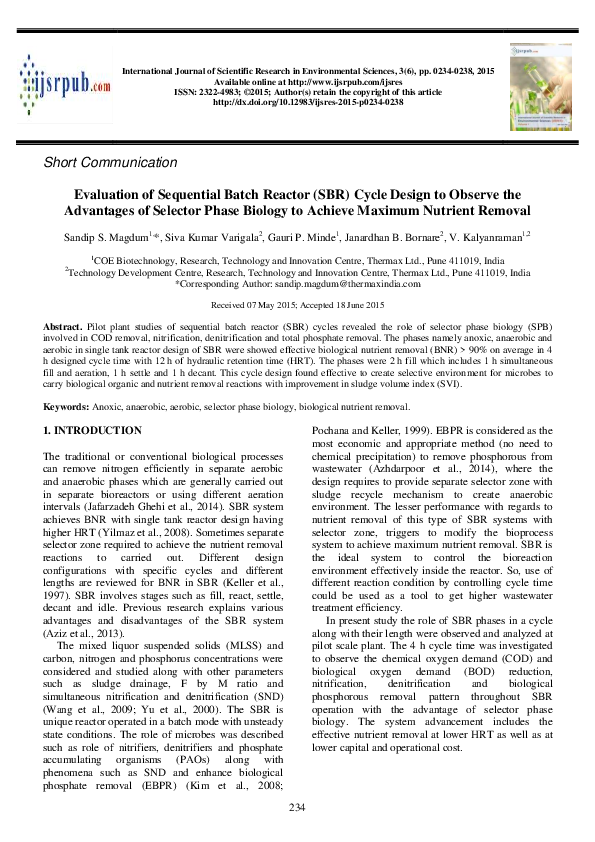 (PDF) Evaluation of Sequential Batch Reactor (SBR) Cycle Design to Observe the Advantages of ...