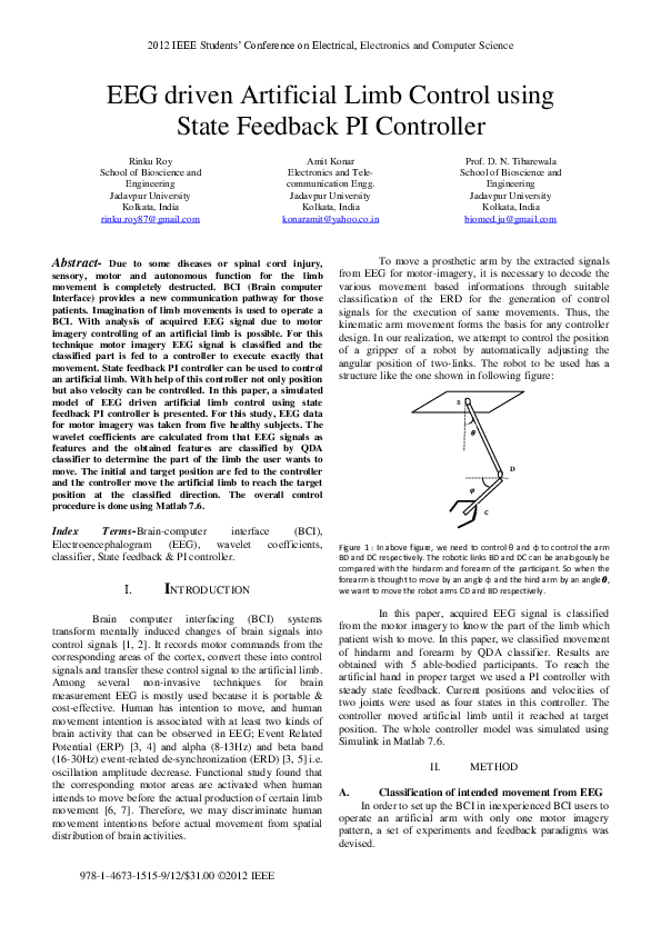 Pdf Eeg Driven Artificial Limb Control Using State Feedback Pi Controller