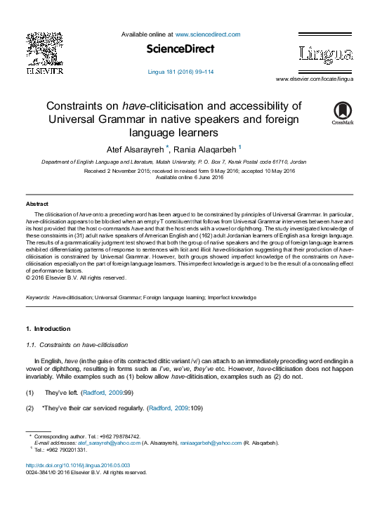 (PDF) Constraints on have-cliticisation and accessibility of Universal Grammar in native ...
