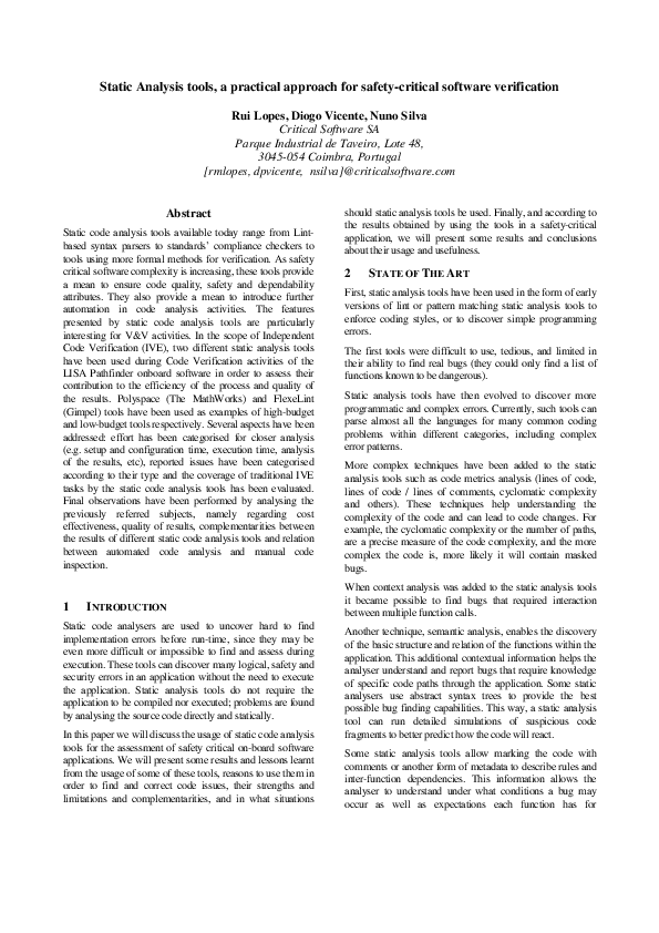 (PDF) Static Analysis tools, a practical approach for safety-critical software verification