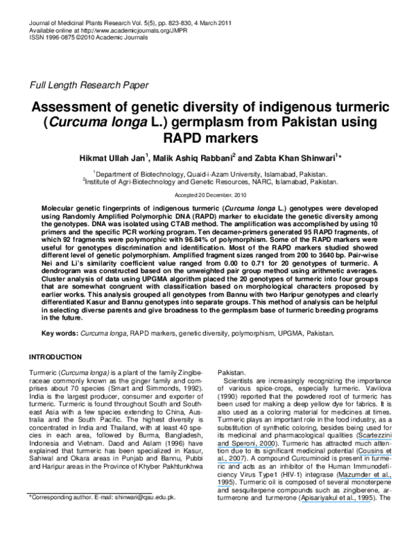 (PDF) Assessment of genetic diversity of indigenous turmeric (Curcuma longa L.) germplasm from ...