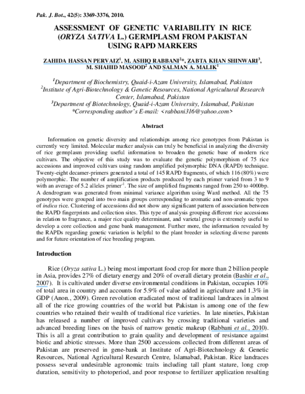 (PDF) Assessment of Genetic Variability in Rice (Oryza Sativa L.) Germplasm from Pakistan Using ...