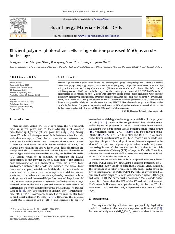 (PDF) Efficient polymer photovoltaic cells using solution-processed ...