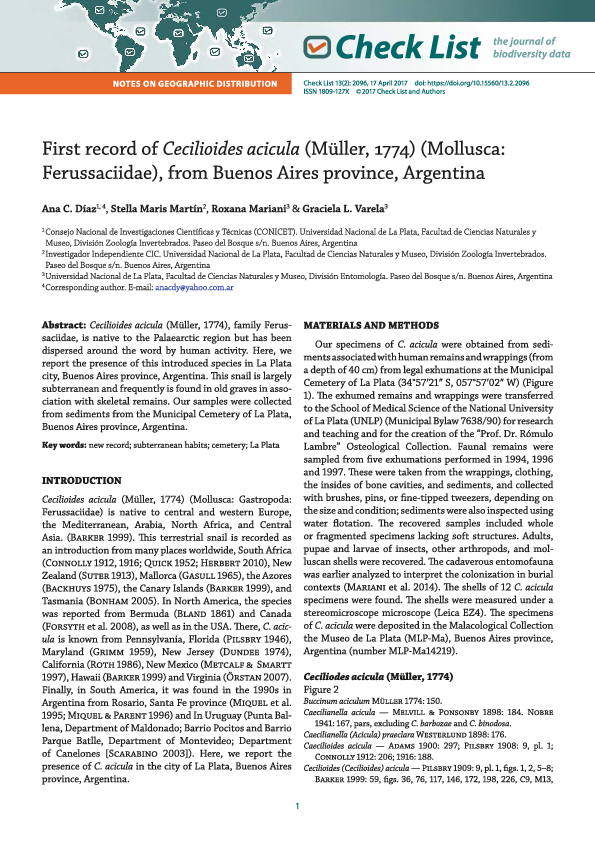(PDF) First record of Cecilioides acicula (Müller, 1774) (Mollusca ...