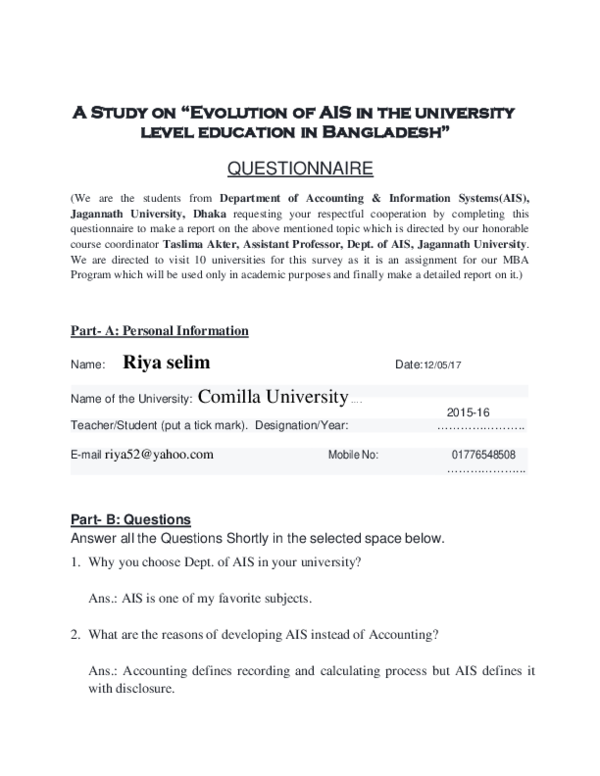 (PDF) Questionnaire on Evolution of AIS in University level education of BD.