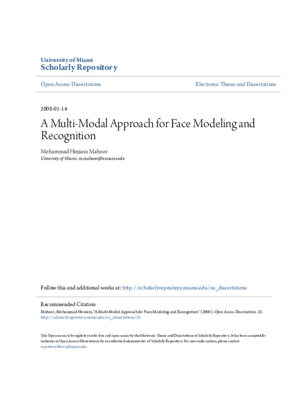 (PDF) A Multimodal Approach for Face Modeling and Recognition | Mohammad Mahoor - Academia.edu