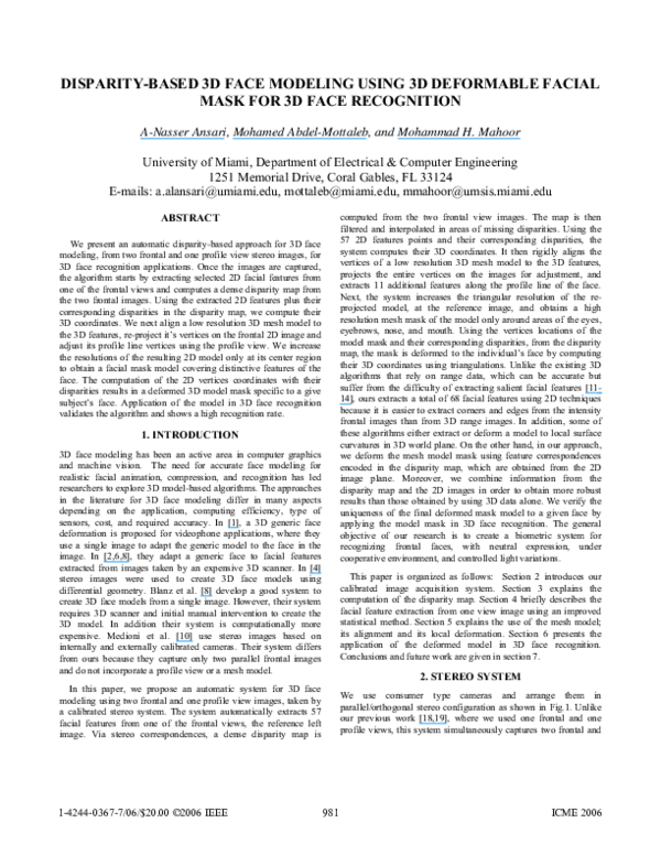 (PDF) Disparity-Based 3D Face Modeling using 3D Deformable Facial Mask for 3D Face Recognition