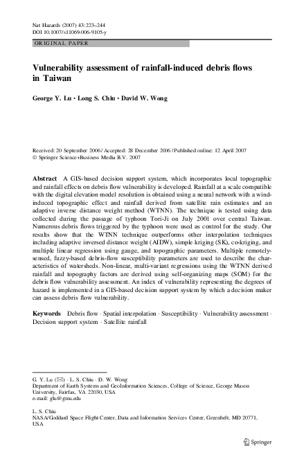 (PDF) Vulnerability assessment of rainfall-induced debris flows in Taiwan