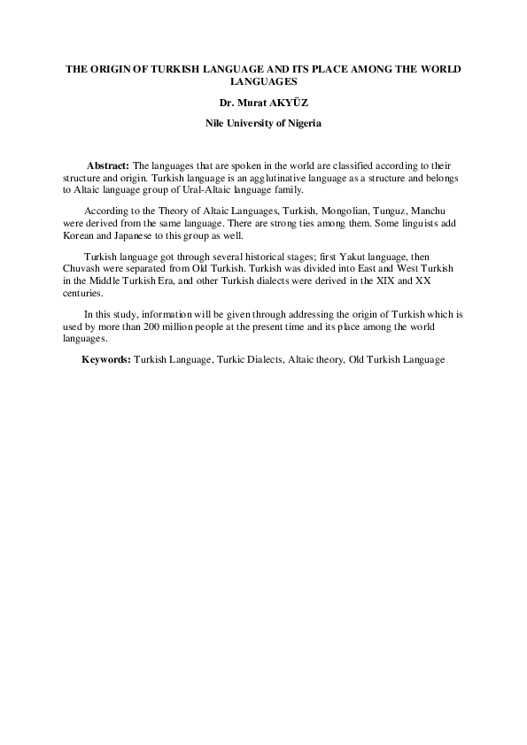 (PDF) THE ORIGIN OF TURKISH LANGUAGE AND ITS PLACE AMONG THE WORLD ...