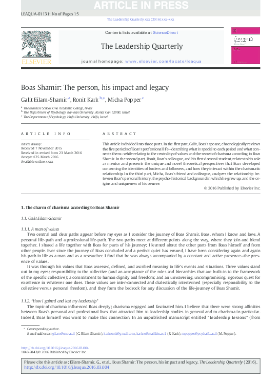 (PDF) Boas Shamir: The person, his impact and legacy