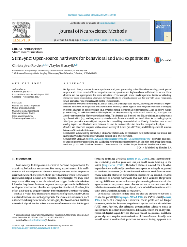 (PDF) StimSync: Open-source hardware for behavioral and MRI experiments