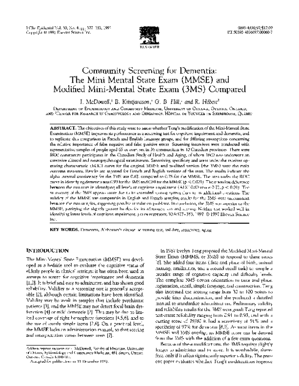 (PDF) Community screening for dementia: The Mini Mental State Exam ...