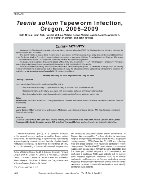 (PDF) Taenia solium Tapeworm Infection, Oregon, 2006–2009