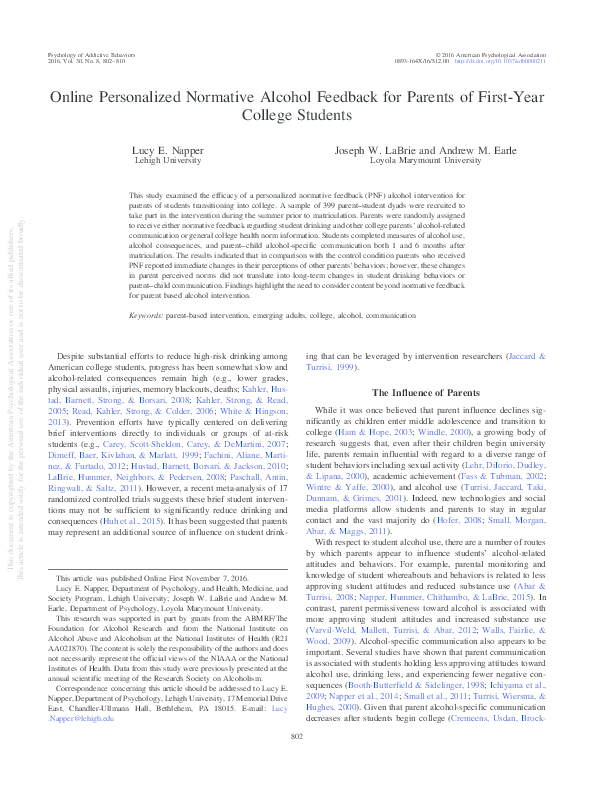 (PDF) Online Personalized Normative Alcohol Feedback for Parents of ...