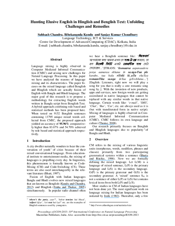 (PDF) Hunting Elusive English in Hinglish and Benglish Text: Unfolding Challenges and Remedies