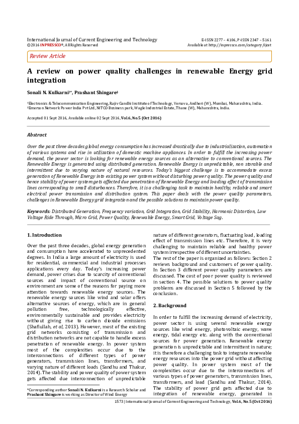 (PDF) A review on power quality challenges in renewable Energy grid ...