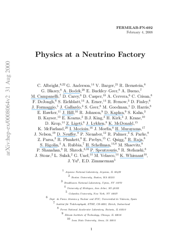 (PDF) Physics at a neutrino factory | Vernon Barger - Academia.edu